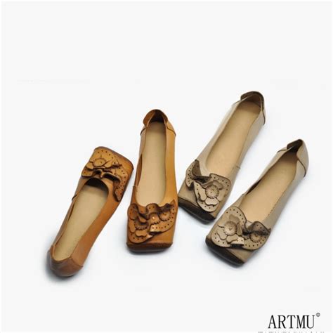 여성 천연 소가죽 플라워 플랫 슈즈 2컬러 레트로 보헤미안 구두