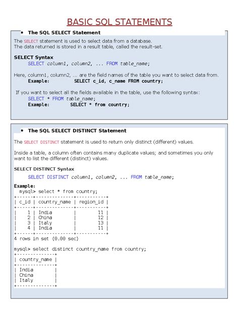 Basic Sql Statements Basic Sql Statements The Sql Select Statement