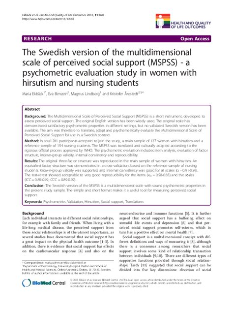 Pdf The Swedish Version Of The Multidimensional Scale Of Perceived Social Support Mspss A