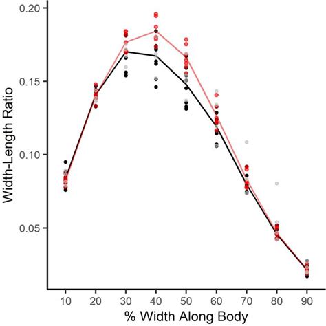 Comparison Of Width Length Ratio At 10 Increments Along The Body Of Download Scientific