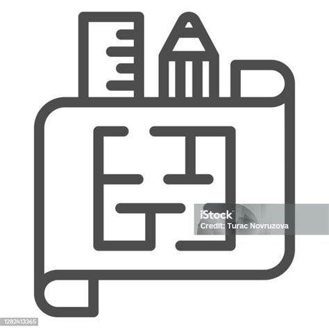 눈금자와 연필 라인 아이콘 인테리어 디자인 컨셉 흰색 배경에 건축 집 계획 표지판 윤곽 스타일의 집 계획 아이콘종이에 집 계획 벡터 그래픽 가정의 방에 대한 스톡 벡터 아트