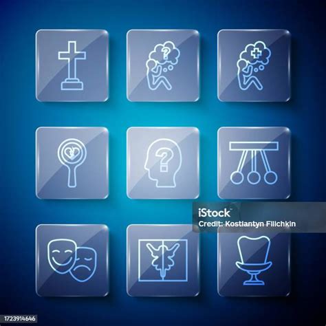 세트 라인 코미디와 비극 가면 로르샤흐 테스트 안락의자 도움의 손길 물음표가 있는 머리 상한 마음 이혼 그레이브스 장례식 슬픔 및 진자 아이콘 벡터 Theatrical