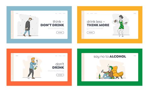 알코올 중독 방문 페이지 템플릿 세트 문자 악성 습관 중독과 약물 남용 술에 취한 사람들 개념에 대한 스톡 벡터 아트 및 기타