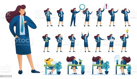 비즈니스 우먼 의 집합 다양한 포즈와 액션으로 다양한 프리젠 테이션 2d 플랫 문자 벡터 일러스트레이션 N4 귀여운에 대한 스톡 벡터 아트 및 기타 이미지 Istock