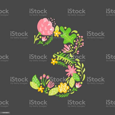 꽃 여름 번호 3 3 꽃 자본 결혼식 대문자 알파벳입니다 꽃과 나뭇잎과 화려한 글꼴입니다 벡터 일러스트 레이 션 스칸디나비아 스타일 3에 대한 스톡 벡터 아트 및 기타