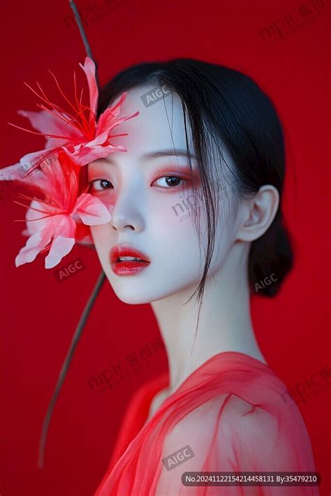Ai创作图红裙少女戴花女孩 红色梦幻 彼岸花与美女 红色唯美 红妆美人 口红唇彩美妆美甲美发 红白韩系简约 彩妆美妆妆面妆容眼妆 红色系复古 化妆品美容美妆美业 整容美容美发化妆品 玫瑰红玫瑰