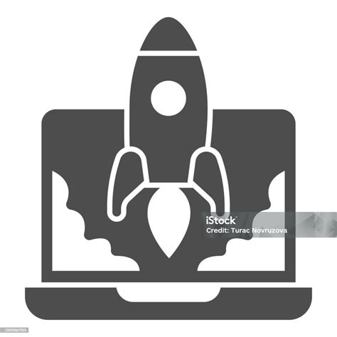 노트북과 로켓 발사 솔리드 아이콘 시작 개념 흰색 배경에 사이트 발사 기호 모바일 및 웹 디자인을위한 글리프 스타일의 태블릿 아이콘에서 발사 로켓 벡터 그래픽 Launch