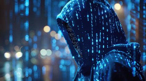 hooded figure in dark environment with binary code overlay and blurred