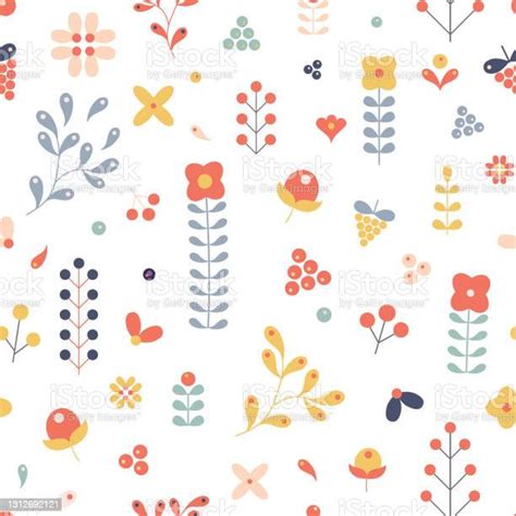 스칸디나비아 민속 예술 스타일 패턴 디자인 민속 스타일 다채로운 야생화와 열매 원활한 반복 휘게에 대한 스톡 벡터 아트 및 기타 이미지 Istock