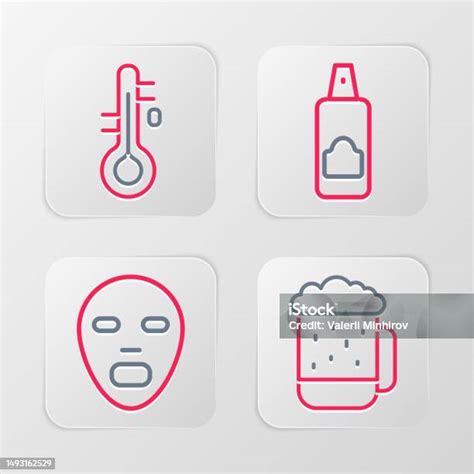 세트 라인 나무 맥주 찻잔 얼굴 화장품 마스크 헤어 스프레이 및 사우나 온도계 아이콘을위한 스프레이 캔 벡터 0명에 대한 스톡