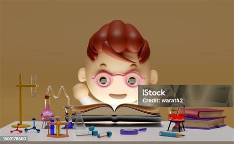 3d 미니어처 만화 과학자 소년은 과학 실험 키트와 함께 마법의 책을 열고 실험실의 책상은 분홍색 배경에 격리되어 있다 방 혁신적인 교육 개념 3d 렌더링 일러스트레이션 3