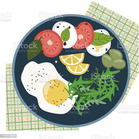 튀긴 계란 카프레제 샐러드 빨간 신선한 토마토 모짜렐라 치즈 바질 잎 올리브로 맛있는 아침 식사 건강한 채식 지중해 음식 흰색 배경에 벡터 그림 건강한 생활방식에 대한 스톡