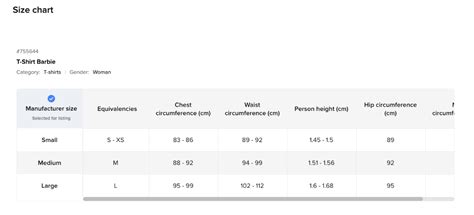 create an item with size chart