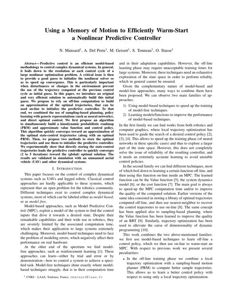 Pdf Using A Memory Of Motion To Efficiently Warm Start A Nonlinear