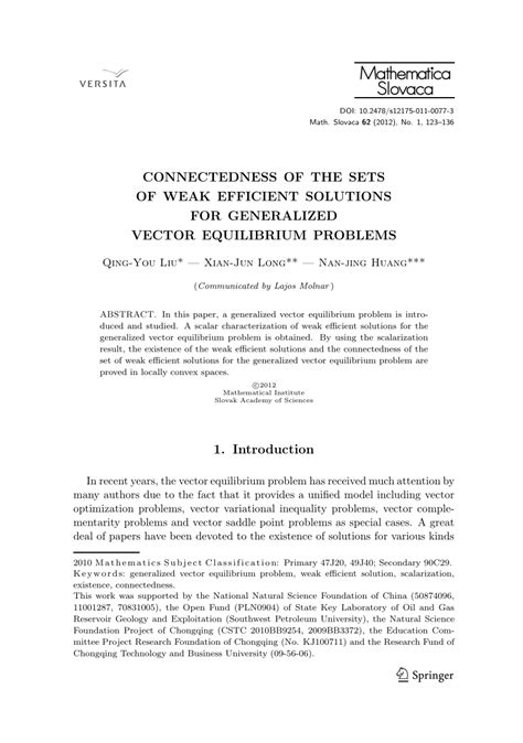 Pdf Connectedness Of The Sets Of Weak Efficient Solutions For Generalized Vector Equilibrium
