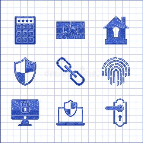 Set Chain Link Laptop Protected With Shield Door Handle Fingerprint Lock On Computer Monitor