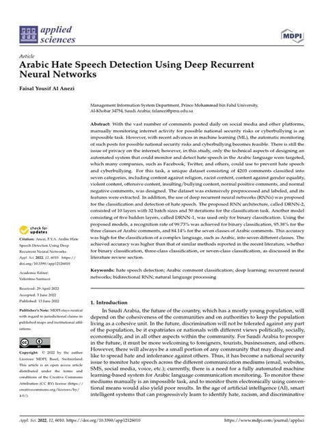 Applied Sciences Arabic Hate Speech Detection Using Deep Recurrent