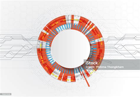 다양 한 기술 요소 하이테크 통신 개념 혁신 배경 원 텍스트에 대 한 빈 공간을 가진 원형 흰색 추상 기술 배경 0명에 대한 스톡 벡터 아트 및 기타 이미지 Istock