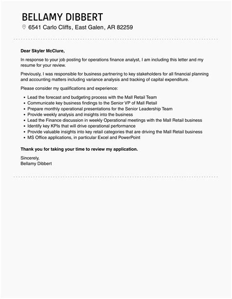 Operations Finance Analyst Cover Letter Velvet Jobs
