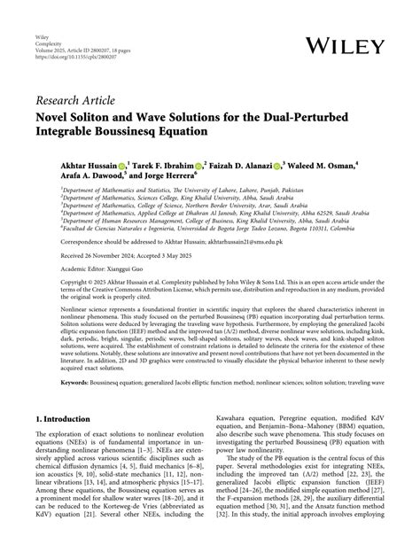 Pdf Novel Soliton And Wave Solutions For The Dual Perturbed Integrable Boussinesq Equation