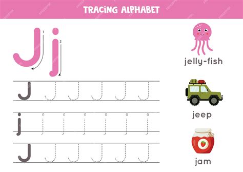 알파벳 추적 워크 시트 Az 쓰기 페이지 만화 잼 지프 젤리 피쉬로 문자 J 대문자 및 소문자 추적 아이들을위한 필기