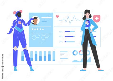 A Female Doctor And A Robot Stand Together Next To A Dashboard With Patient Health Indicators