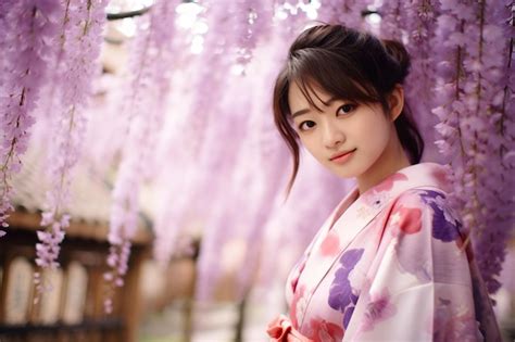 Mujer Japonesa Llevando Yukata Sonriente En El Parque Foto Premium