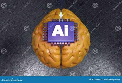 3d Rendering Of The Human Brain With Ai Microchip Artificial