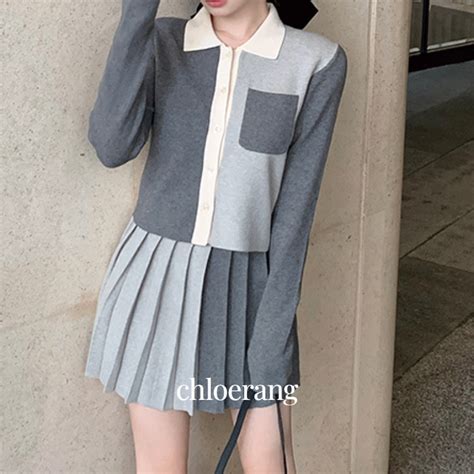 클로에랑 겨울신상겨울투피스 카라 그레이 배색 포켓 가디건주름 플리츠 미니스커트 투피스 셋업 세트 가을 겨울 데이트룩 캠퍼스룩 연말룩