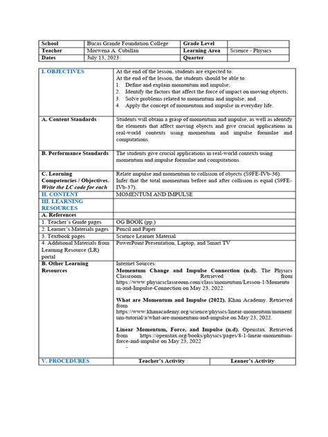 Daily Lesson Plan Momentum And Impulse Pdf Momentum Force