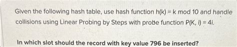 Solved Given The Following Hash Table Use Hash Function