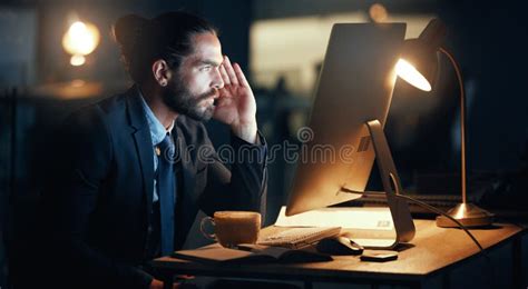confused business man and computer stress while finishing work deadline at night with pc glitch