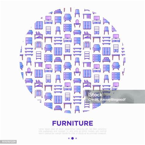 얇은 라인 아이콘 원 가구 개념 드레싱 테이블 소파 안락 의자 옷장 의자 테이블 책장 나쁜 옷 걸기 내부의 요소입니다 벡터 일러스트레이션 인쇄 미디어 템플릿 0명에 대한