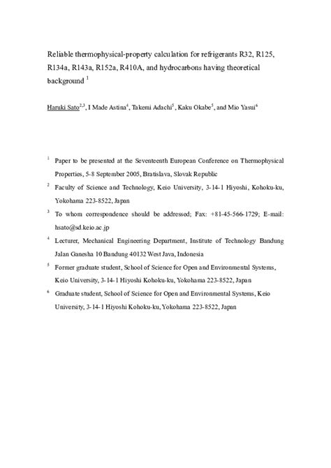 Pdf Reliable Thermophysical Property Calculation For Refrigerants R32 R125 R134a R143a