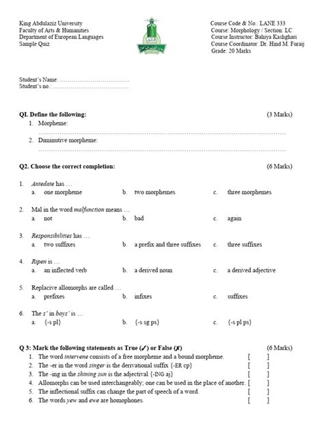 Morphology Sample Quiz Pdf Morphology Linguistics Syntactic Relationships