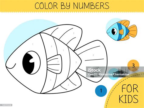 귀여운 물고기를 가진 아이들을 위한 숫자 색칠 공부 페이지 색칠하기 위한 예가 있는 만화 물고기가 있는 색칠하기 책 흑백 및 컬러 버전 벡터 그림입니다 0명에 대한 스톡