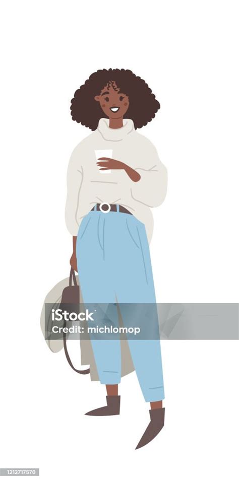 손으로 그린 패션 일러스트 아프리카 계 미국인 여성 의상입니다 만화 스타일 벡터 그리기 문자입니다 캐주얼 한 표정으로 플랫 아트 걸 인플루언서 가리기에 대한 스톡 벡터 아트