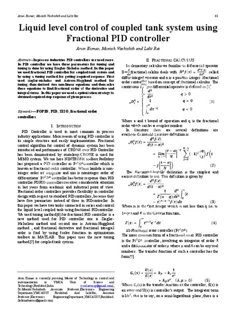 Pdf Liquid Level Control Of Coupled Tank System Using Fractional Pid