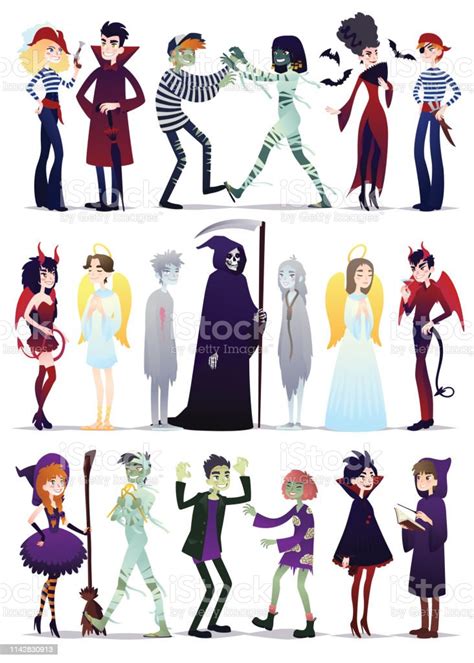 할로윈 의상 벡터 일러스트 레이 션 흰색 배경에 고립 된 할로윈 무도회 파티를 입고 젊은 사람들의 만화 스타일의 할로윈 문자의 커플 할로윈에 대한 스톡 벡터 아트 및 기타