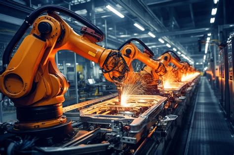 Premium Ai Image Automated Robotic Arm Welds In An Industrial Assembly Line Manufacturing Plant