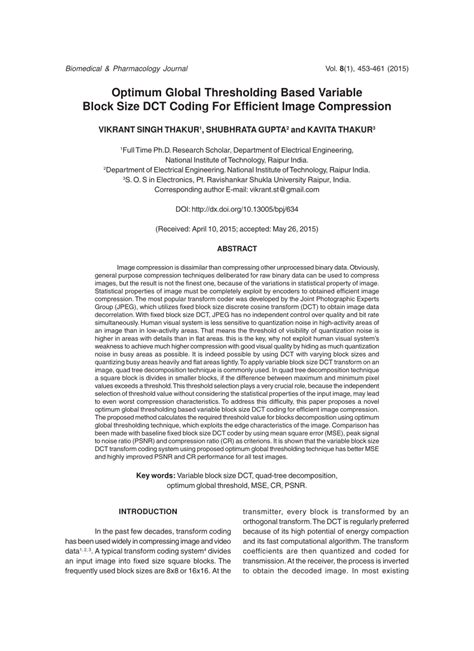 Pdf Optimum Global Thresholding Based Variable Block Size Dct Coding For Efficient Image