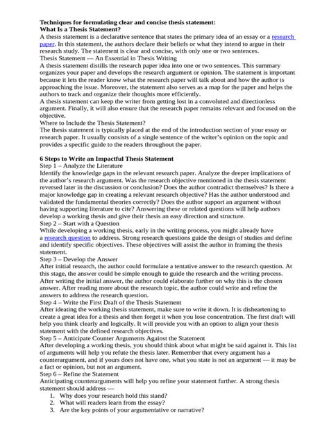 Techniques For Formulating Clear And Concise Thesis Statement Pdf