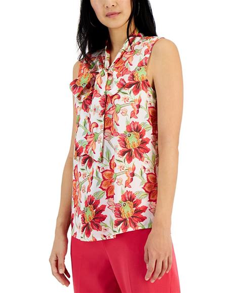 Tahari Asl Womens Bow V Neck Sleeveless Printed Blouse Macys