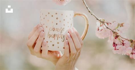 벚꽃 나무 앞에서 커피잔을 들고 있는 여자 사진 Unsplash의 무료 컵 이미지