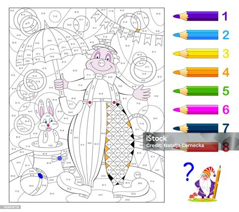 어린 아이들을 위한 수학 교육 색칠 공부 덧셈과 뺄셈에 대한 수학 연습 예제를 풀고 광대를 칠하세요 계산 기술 개발 아이들을 위한 인쇄 가능한 워크시트 건강한 생활방식에