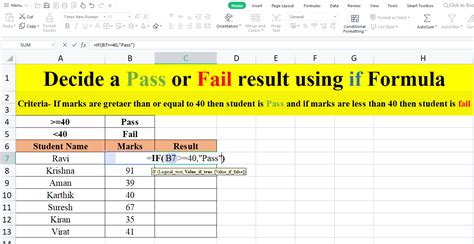 Excel Made Easy Pass Or Fail Using The If Formula To Calculate