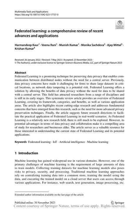 Federated Learning A Comprehensive Review Of Recent Advances And Applications Request Pdf