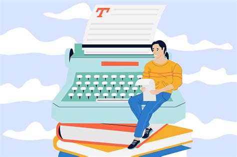 카피라이터 큰 타자기와 책 스택 이야기를 편집하고 소설을 입력하는 사람 텍스트로 작업하는 남자 편집자 작업 거대한 필기 기계와