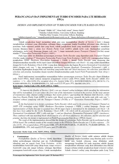 Perancangan Dan Implementasi Turbo Encoder Pada Lte Berbasis Fpga Design And Implementation Of
