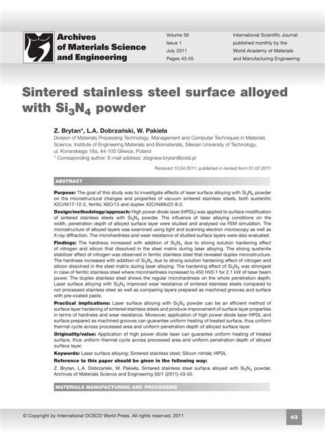 Pdf Sintered Stainless Steel Surface Alloyed With Si3n4 Powder